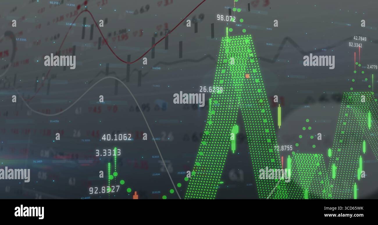 Showing green dot matrix line graph rising on dashboard, with ...