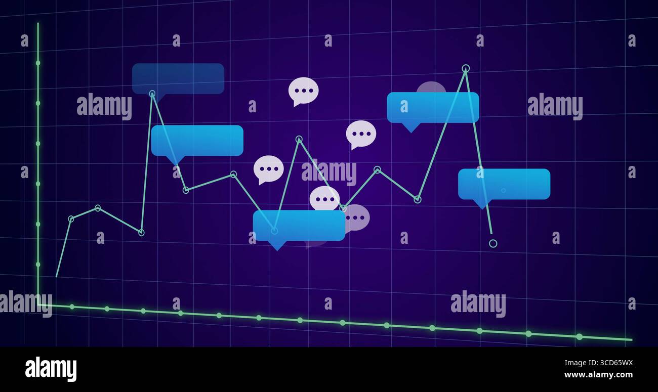 Displaying line graph moving through dark purple grid panel with neon ...