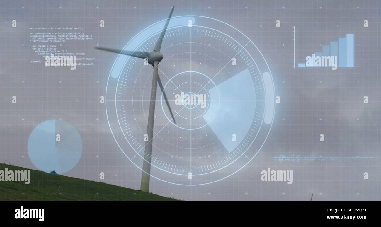 Wind turbine spinning on grassy hill, with circular HUD overlay, bar ...