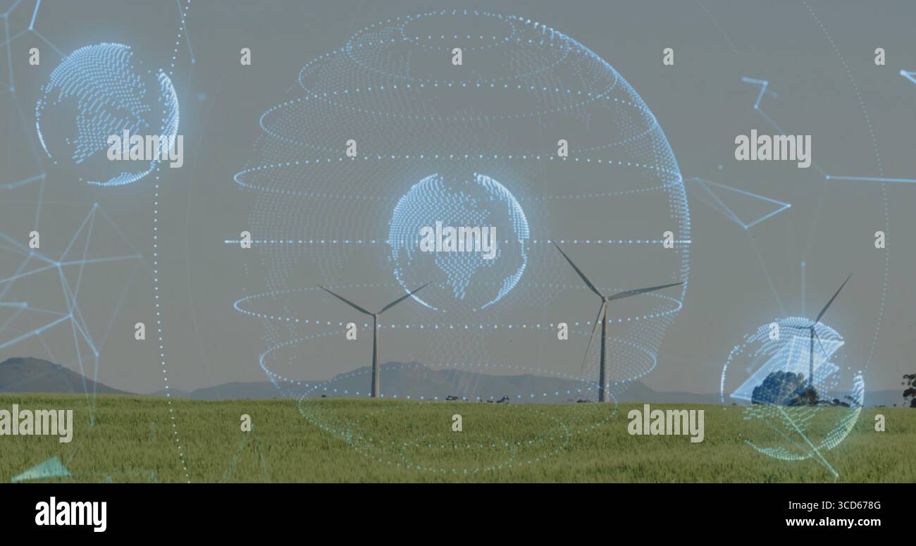 Hovering holographic globe projecting network lines and nodes over ...