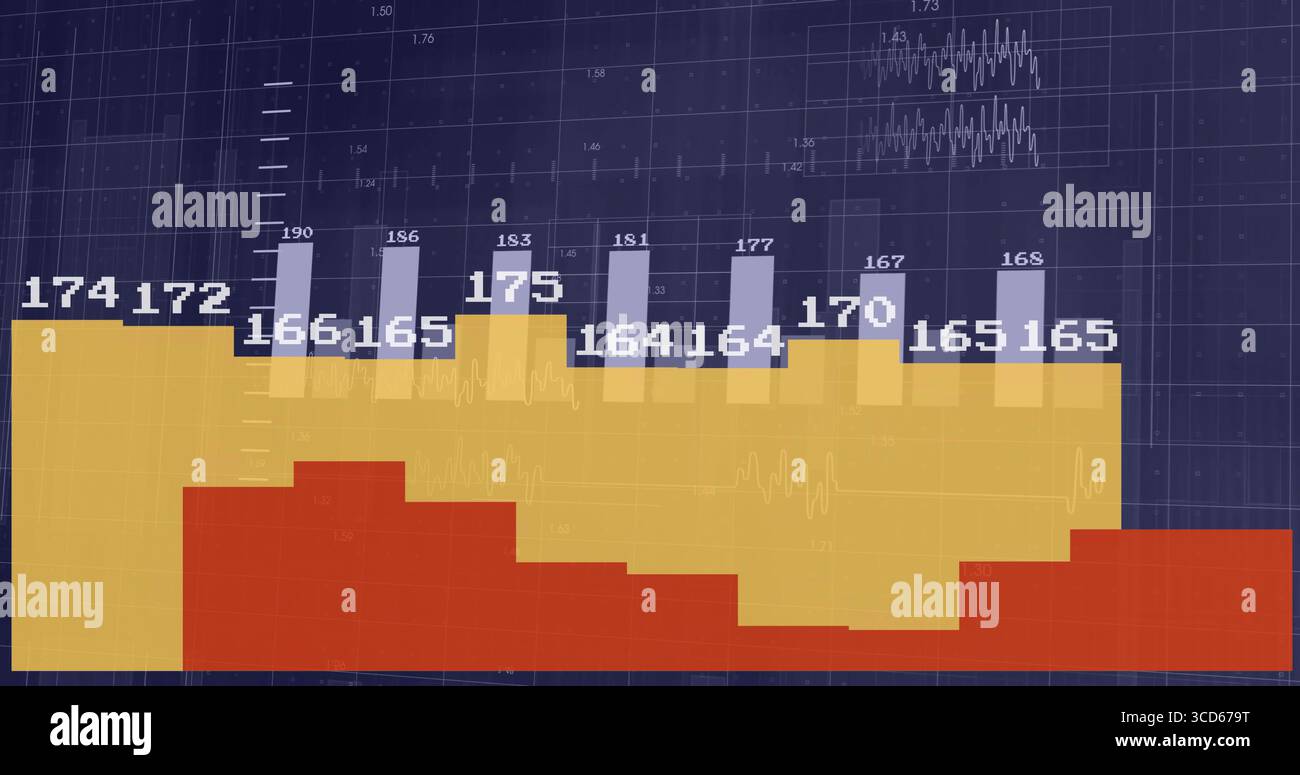 Illustrating layered bar chart showing numeric labels on dark blue ...