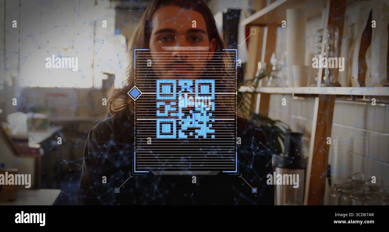Projecting digital QR code overlay, bearded artisan crafting in maker ...