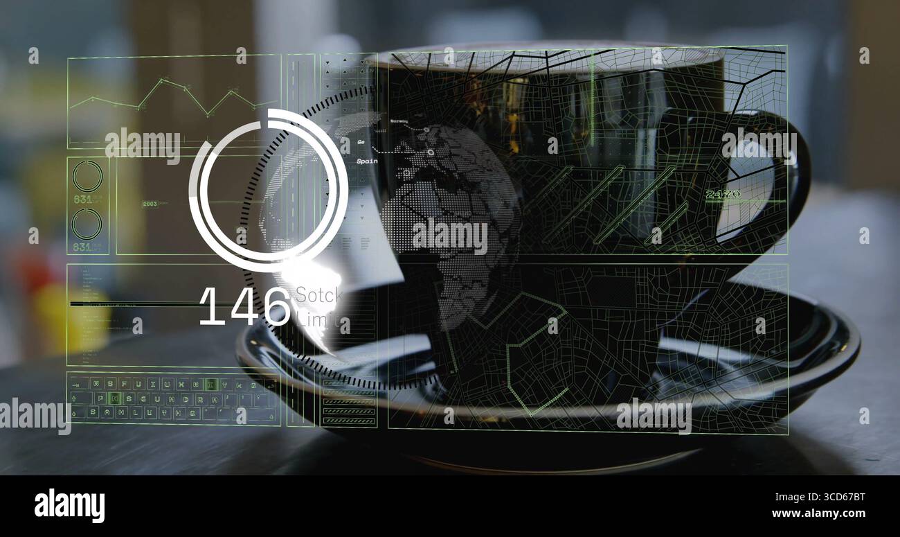 Displaying black ceramic coffee cup projecting holographic UI elements ...