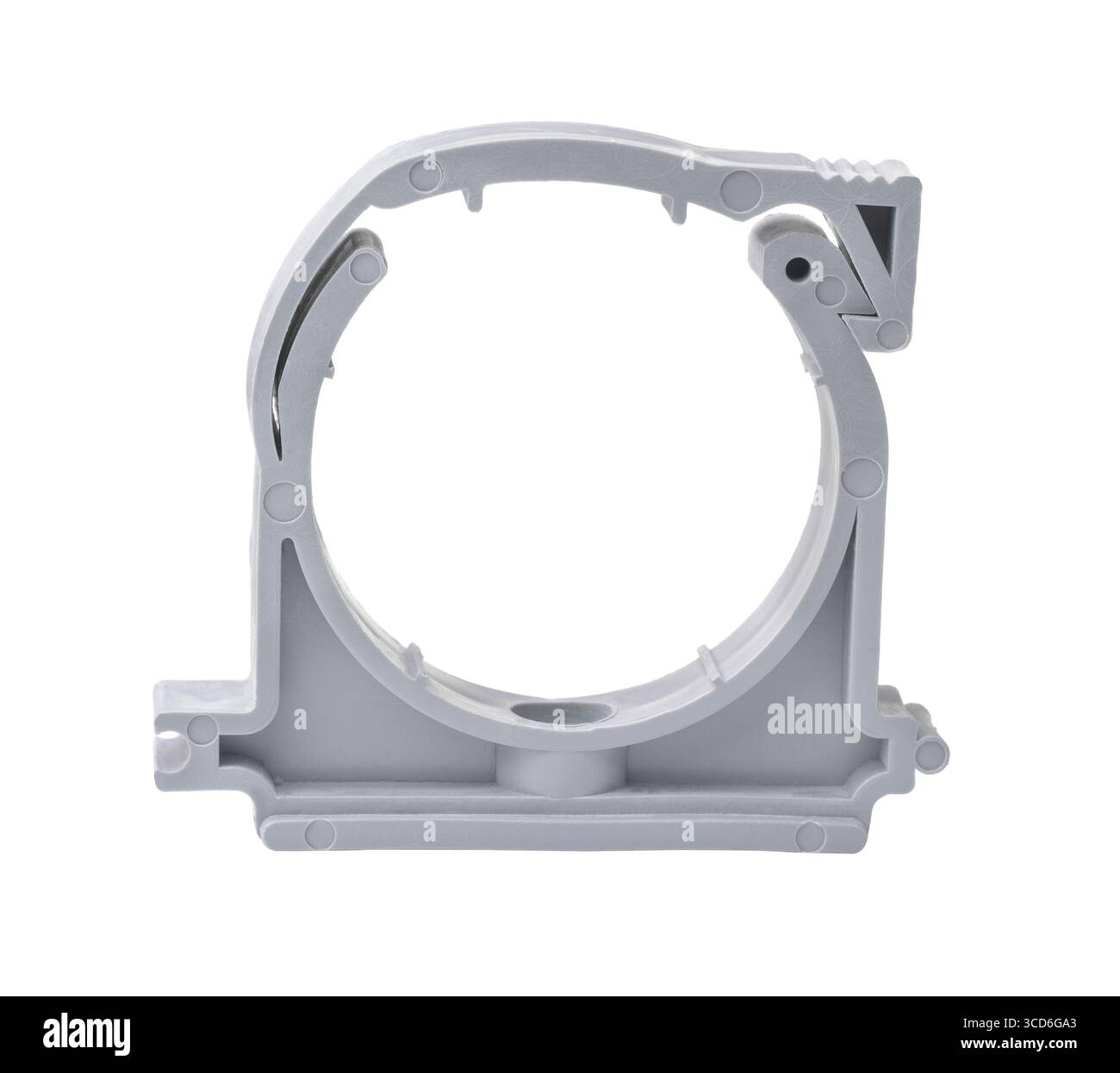 Front view of wall mount plastic pipe clip-holder isolated on white ...