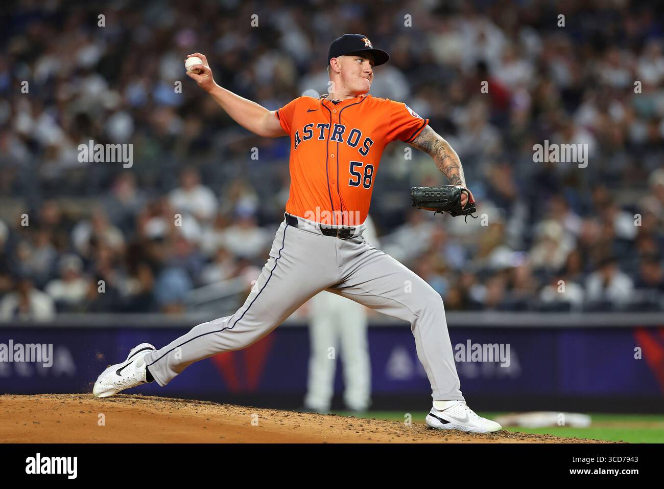 BRONX, NY - AUGUST 08: Hunter Brown #58 of the Houston Astros pitches ...