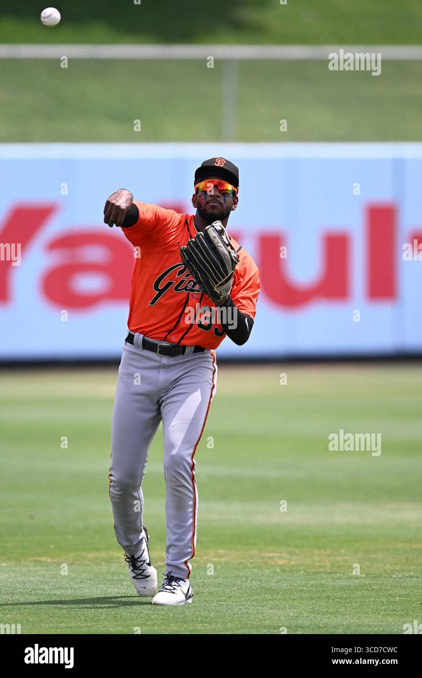 ACL Giants left fielder Rayner Arias (33) warms up between innings ...
