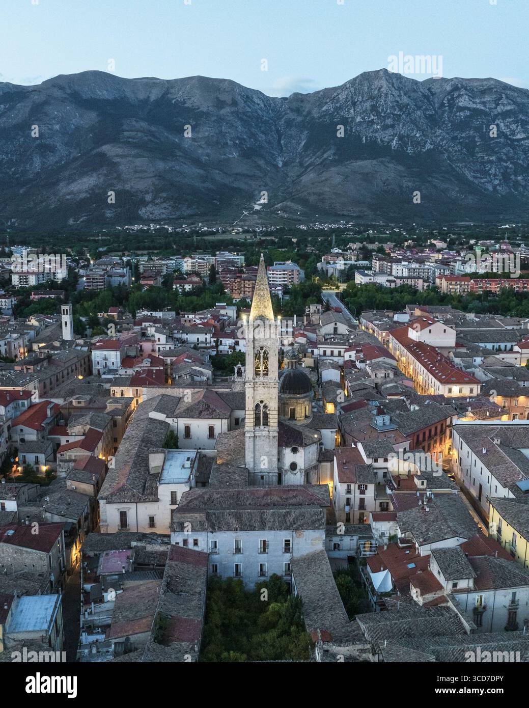 Aerial view of the illuminated bell tower of the Annunziata complex ...