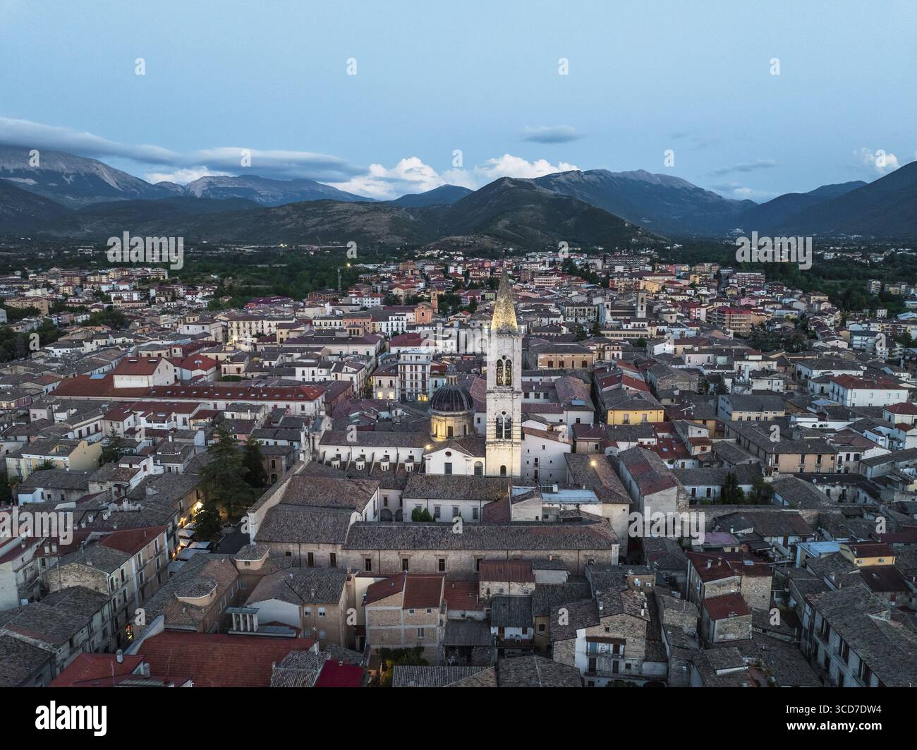 Aerial view of the medieval architecture and the towering church ...