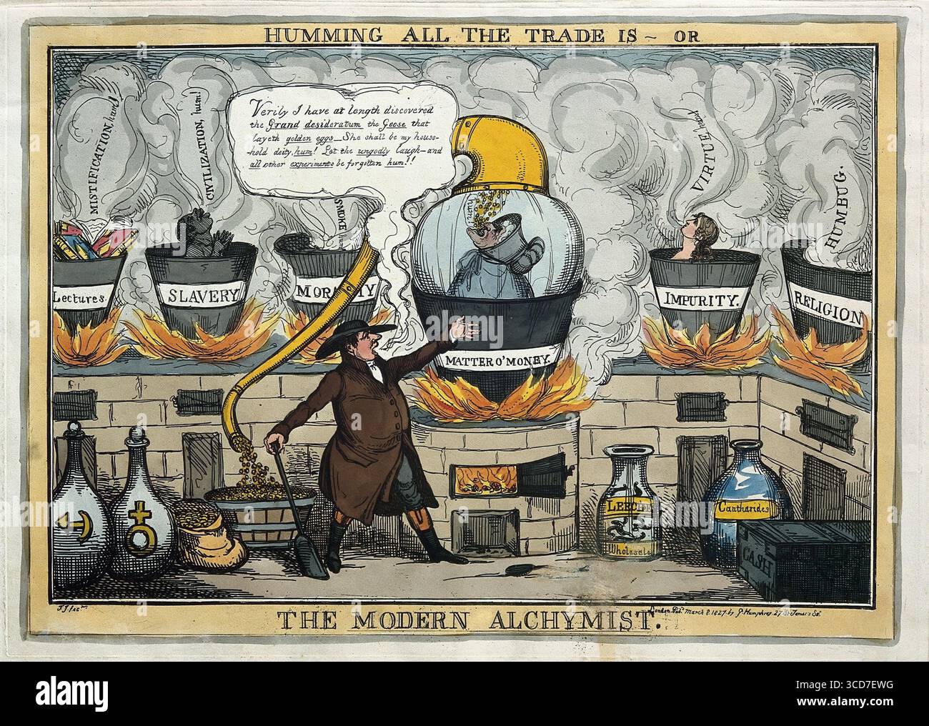 A humorous cartoon print coloured engraving of William Allen portrayed ...