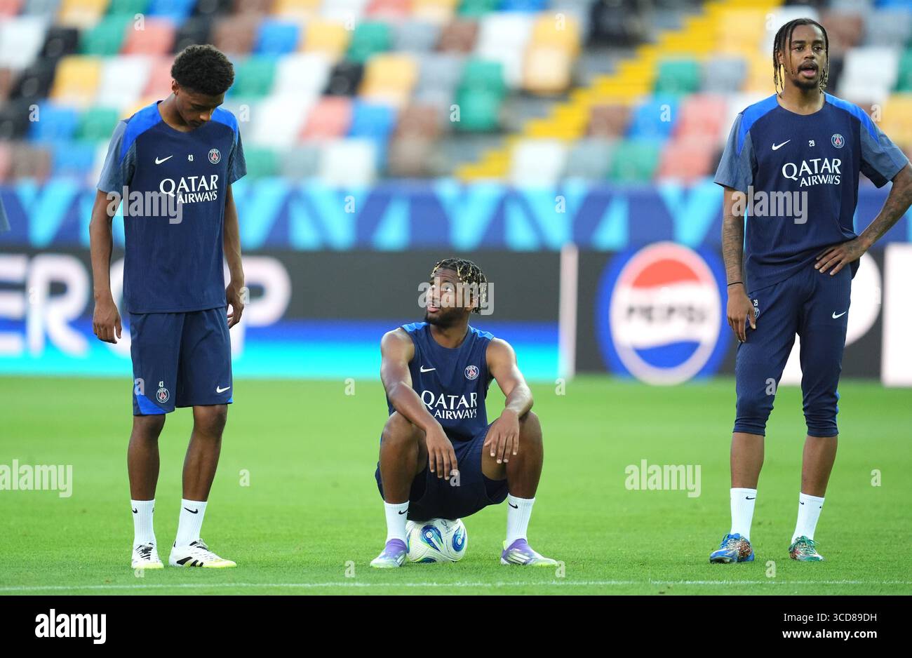 Paris Saint-Germain's Noham Kamara (left), Ibrahim Mbaye and Bradley Barcola (right) during a ...