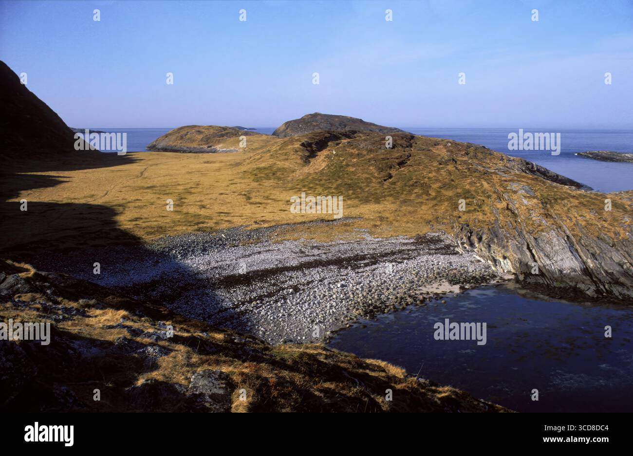 Rough and rocky coastline along the Norwegian Sea. Cliffs and open sea ...