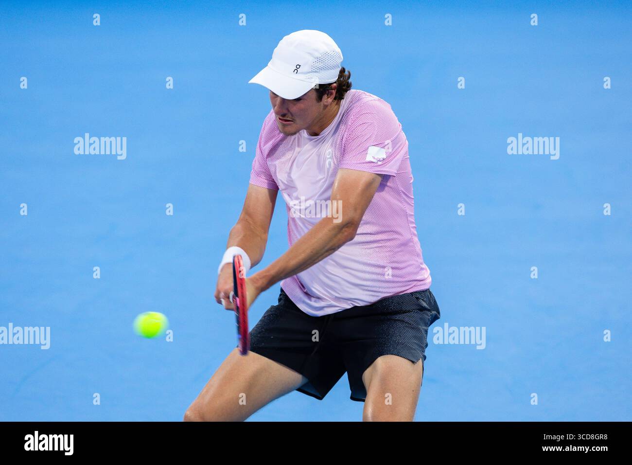 MASON, OHIO - AUGUST 11: Joao Fonseca returns a backhand during Day 5 ...