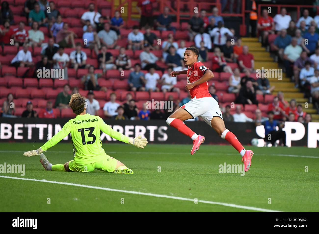 London, England. 12th Aug 2025. Miles Leaburn scores during the Carabao ...