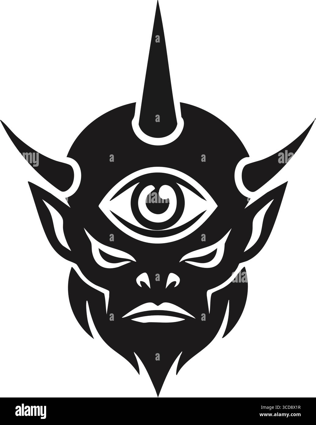 Mystical Horned Third Eye Creature. A striking monochrome emblem of an ...