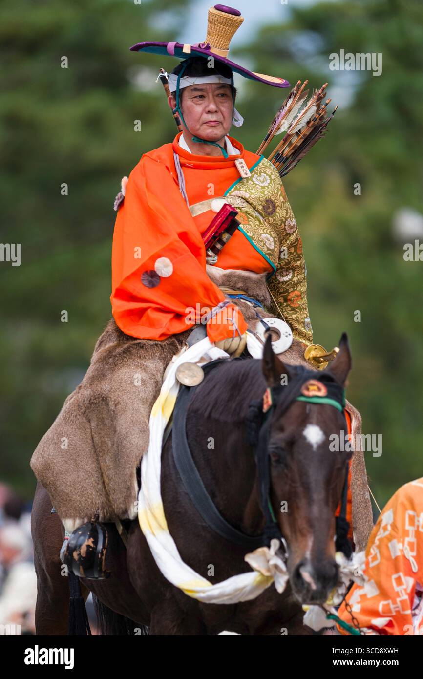 Japanese man dressed in Kamakura Period attire on horseback in ...