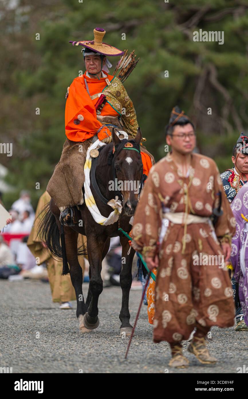 Japanese man dressed in Kamakura Period attire on horseback in ...