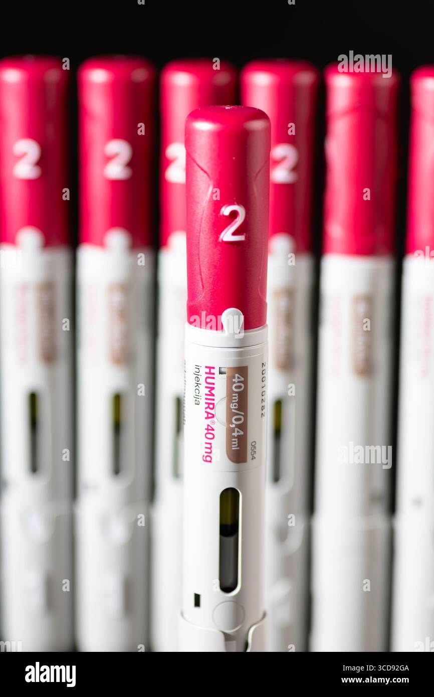 VINKOVCI, CROATIA, 07.17.2025: Humira injection pens displayed in an ...