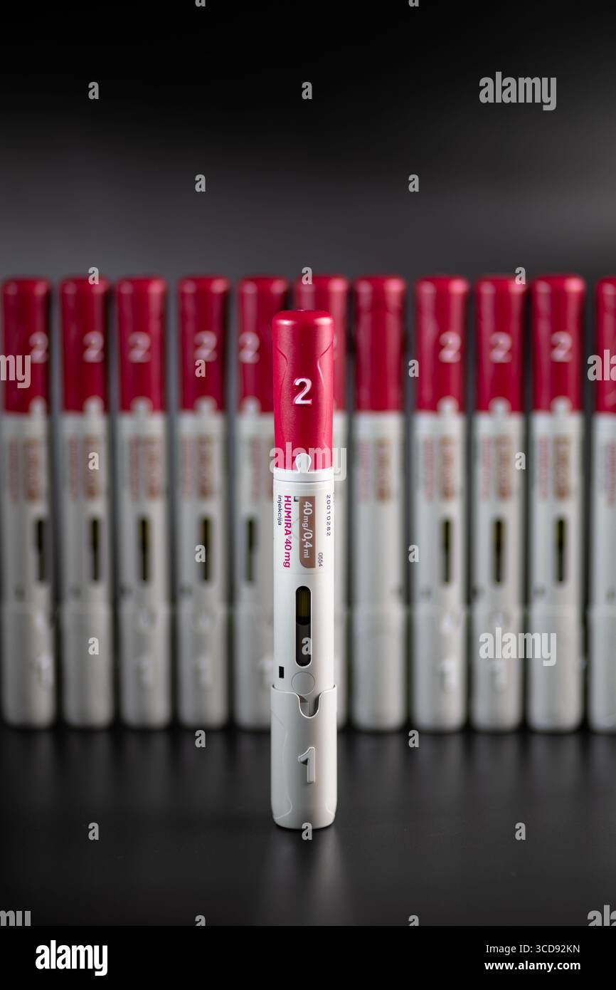 VINKOVCI, CROATIA, 07.17.2025: Humira injection pens displayed in an ...