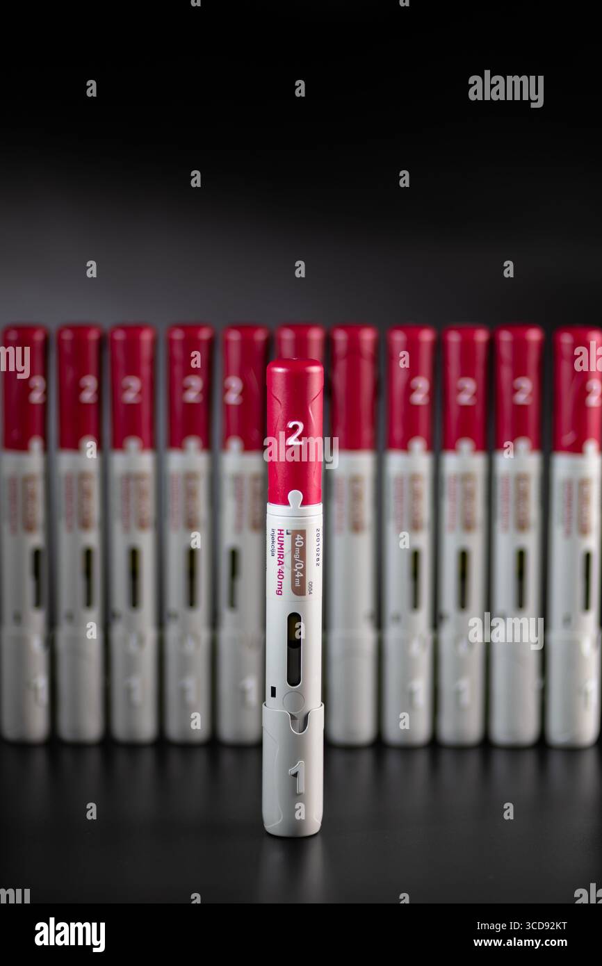 VINKOVCI, CROATIA, 07.17.2025: Humira injection pens displayed in an ...