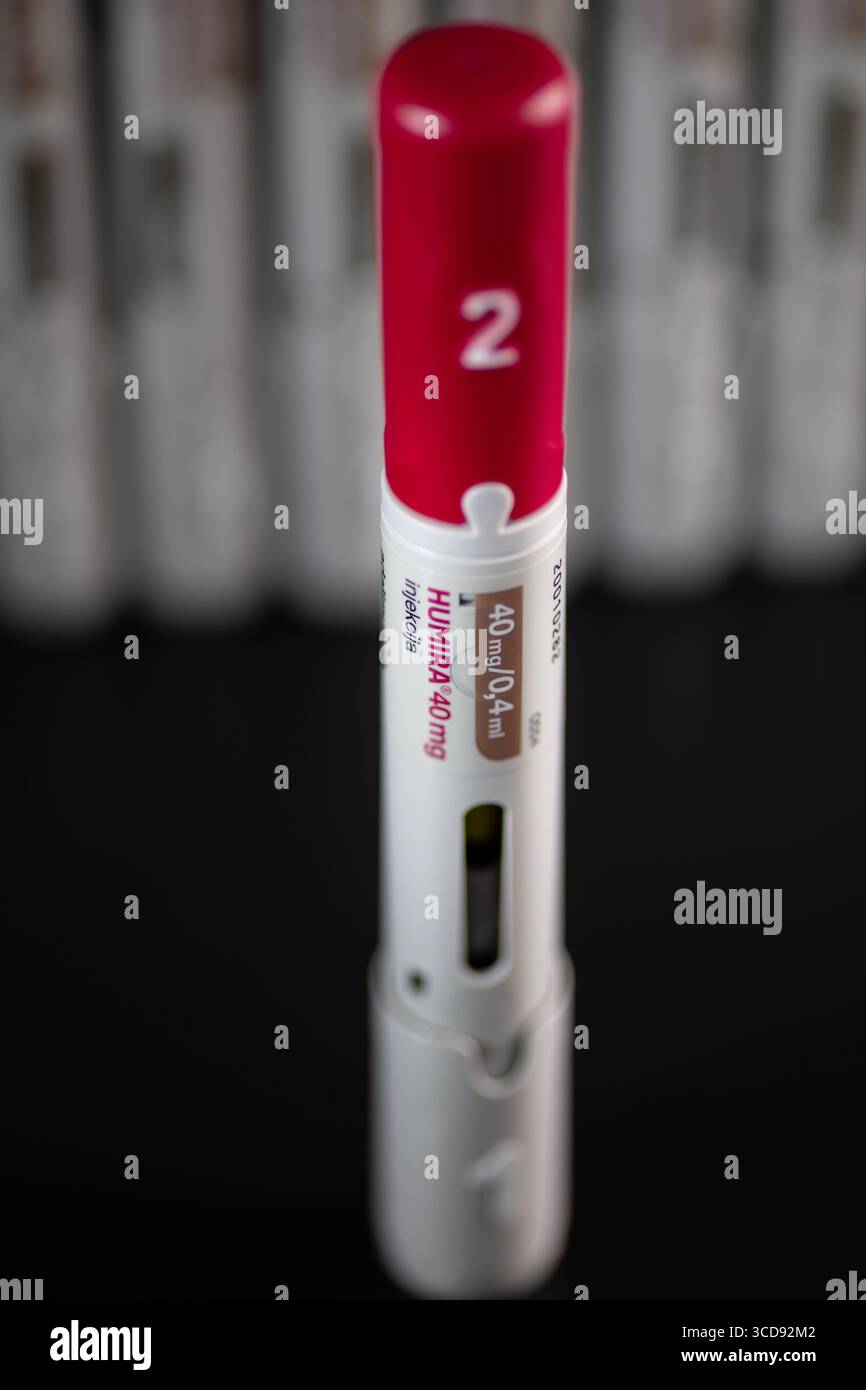 VINKOVCI, CROATIA, 07.17.2025: Humira injection pens displayed in an ...