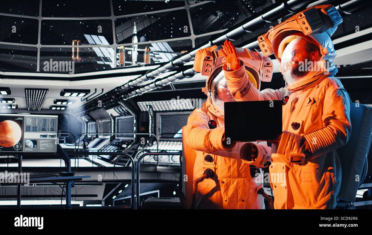 Team of astronauts shielding eyes from bright light flooding shuttle ...