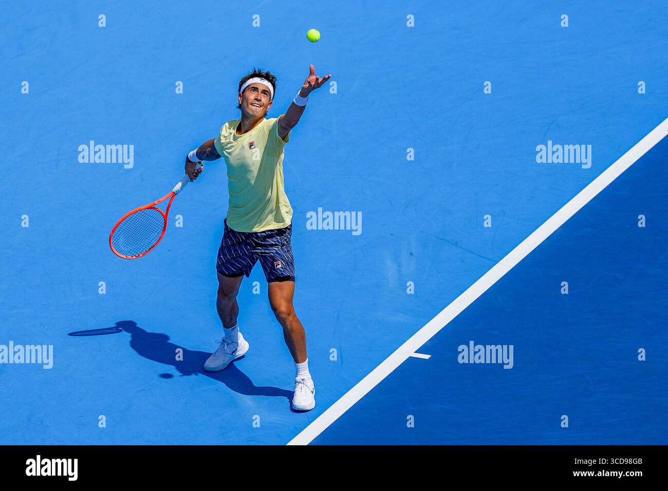 MASON, OH-AUG 12: Francisco Comesana (ARG) serves to Reilly Opelka (not pictured) during the ...