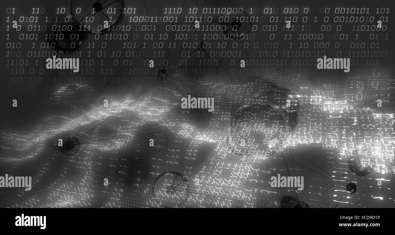 Streaming binary digits and network nodes connected by lines over wavy ...