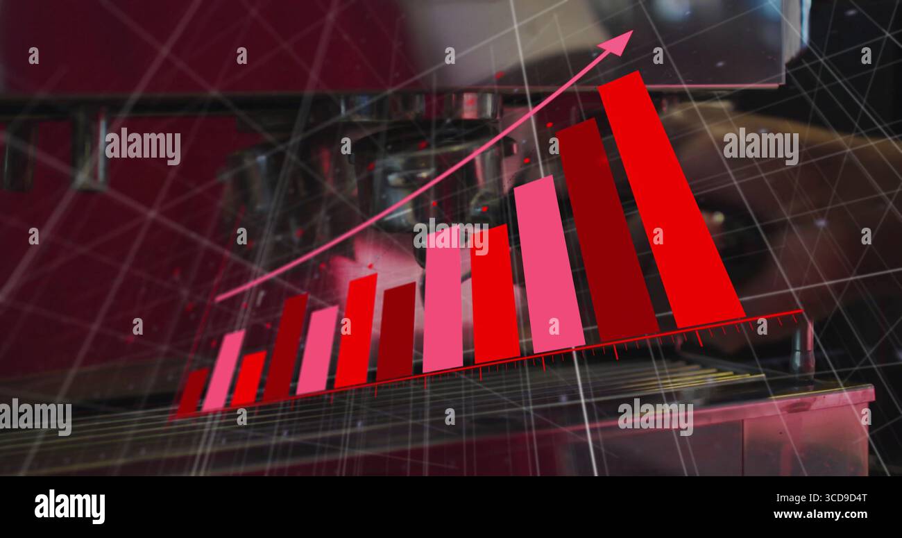 Displaying ascending red and pink bar chart with arrow over machining ...