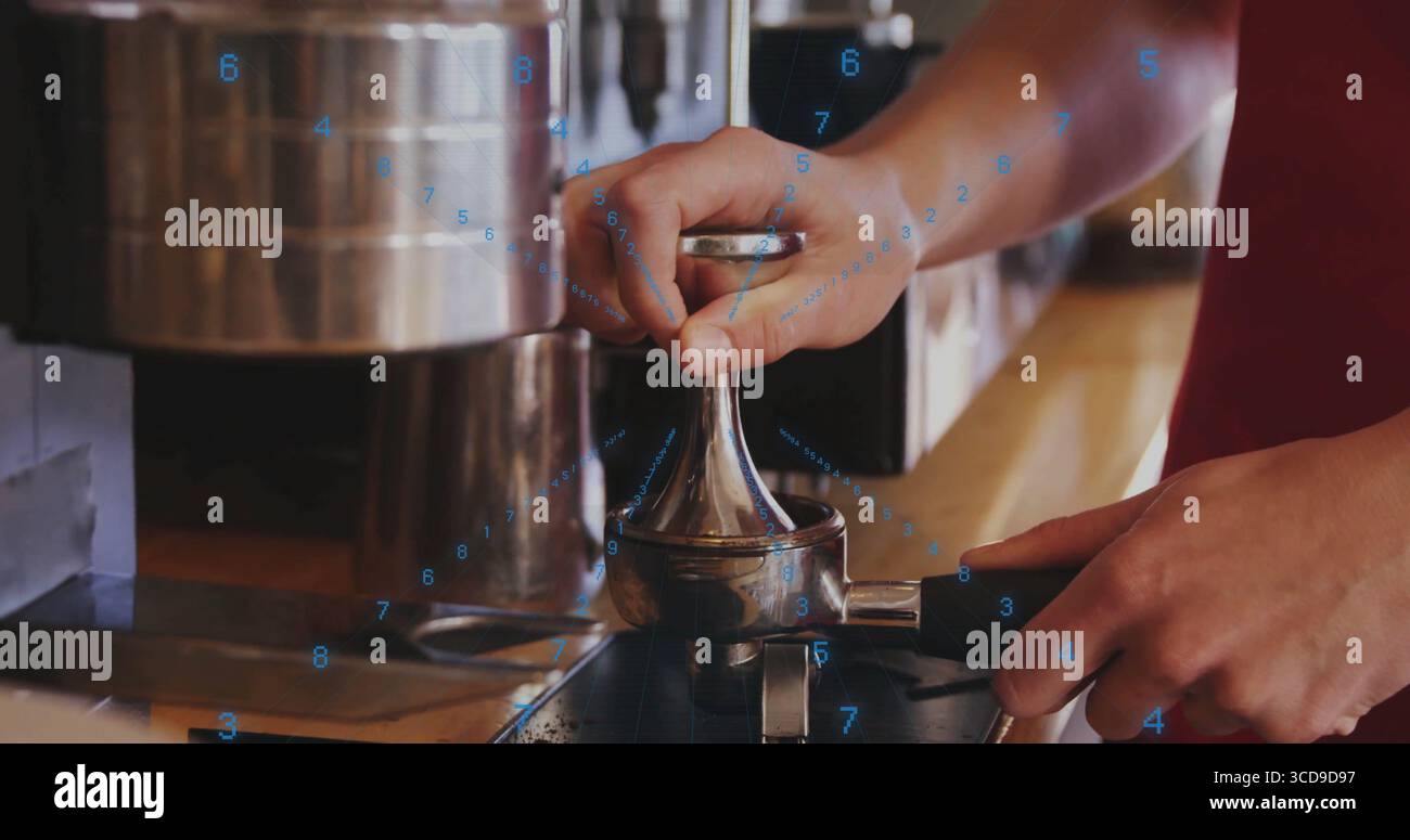 Tamping barista hands pressing coffee into portafilter at coffee ...