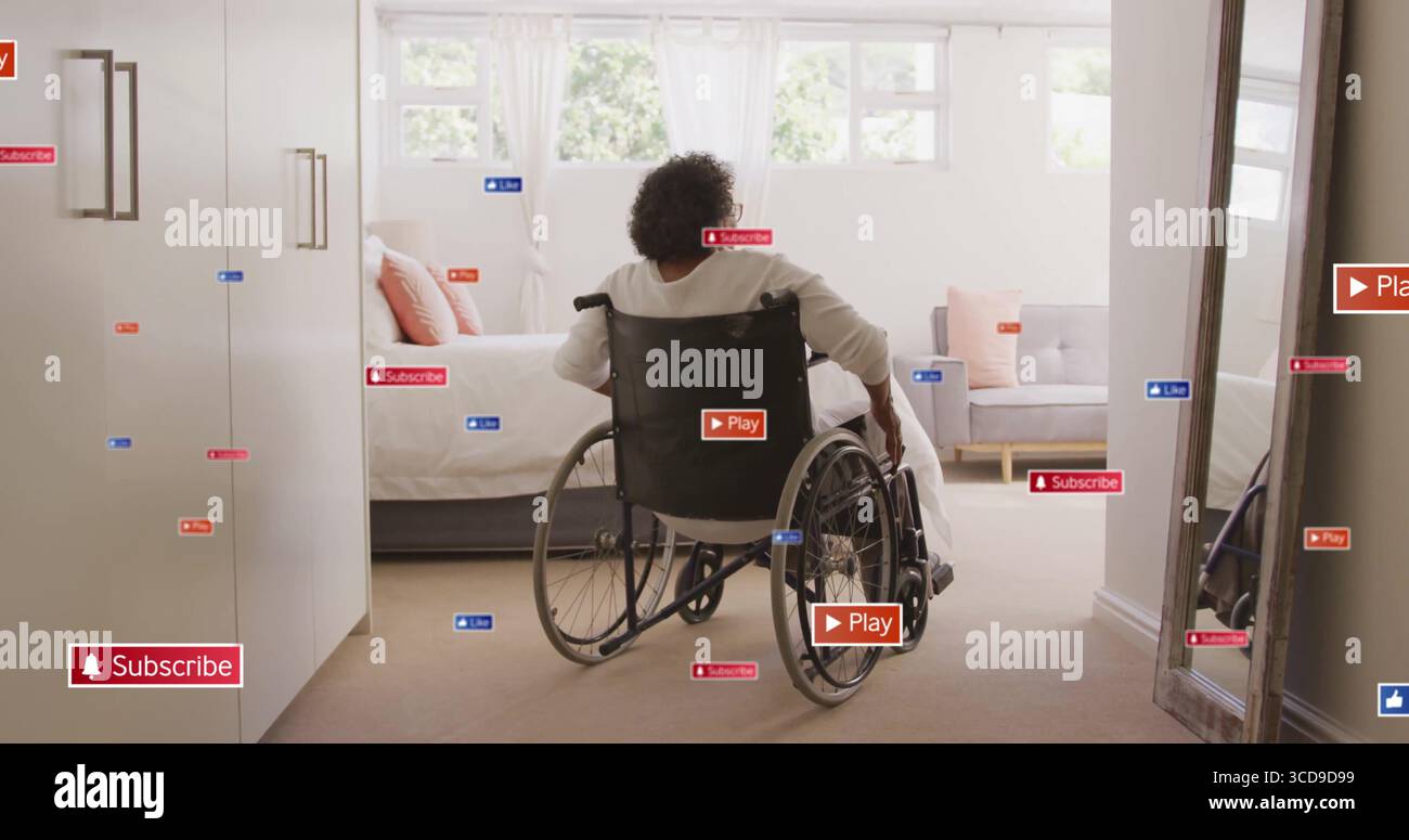 Sitting woman in manual wheelchair at home facing window, with floating ...