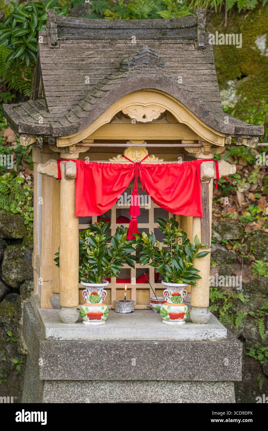 Ornate wooden outdoor Kamidana shrine, Shishigatani Goshonodancho achō ...