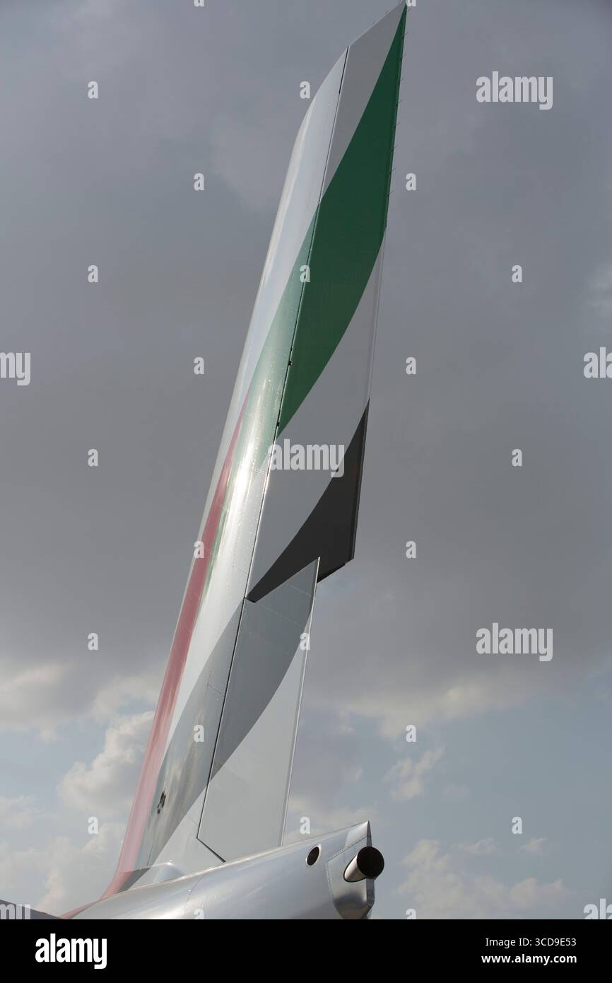 Emirates aircraft vertical stabilizer with UAE flag colors, close-up ...