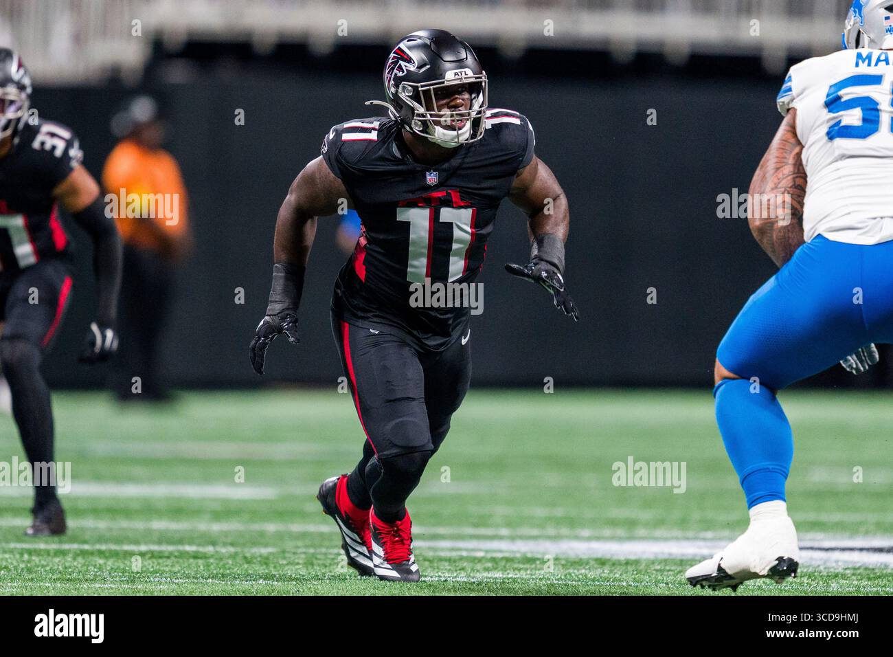Atlanta Falcons linebacker Jalon Walker (11) works during the first ...