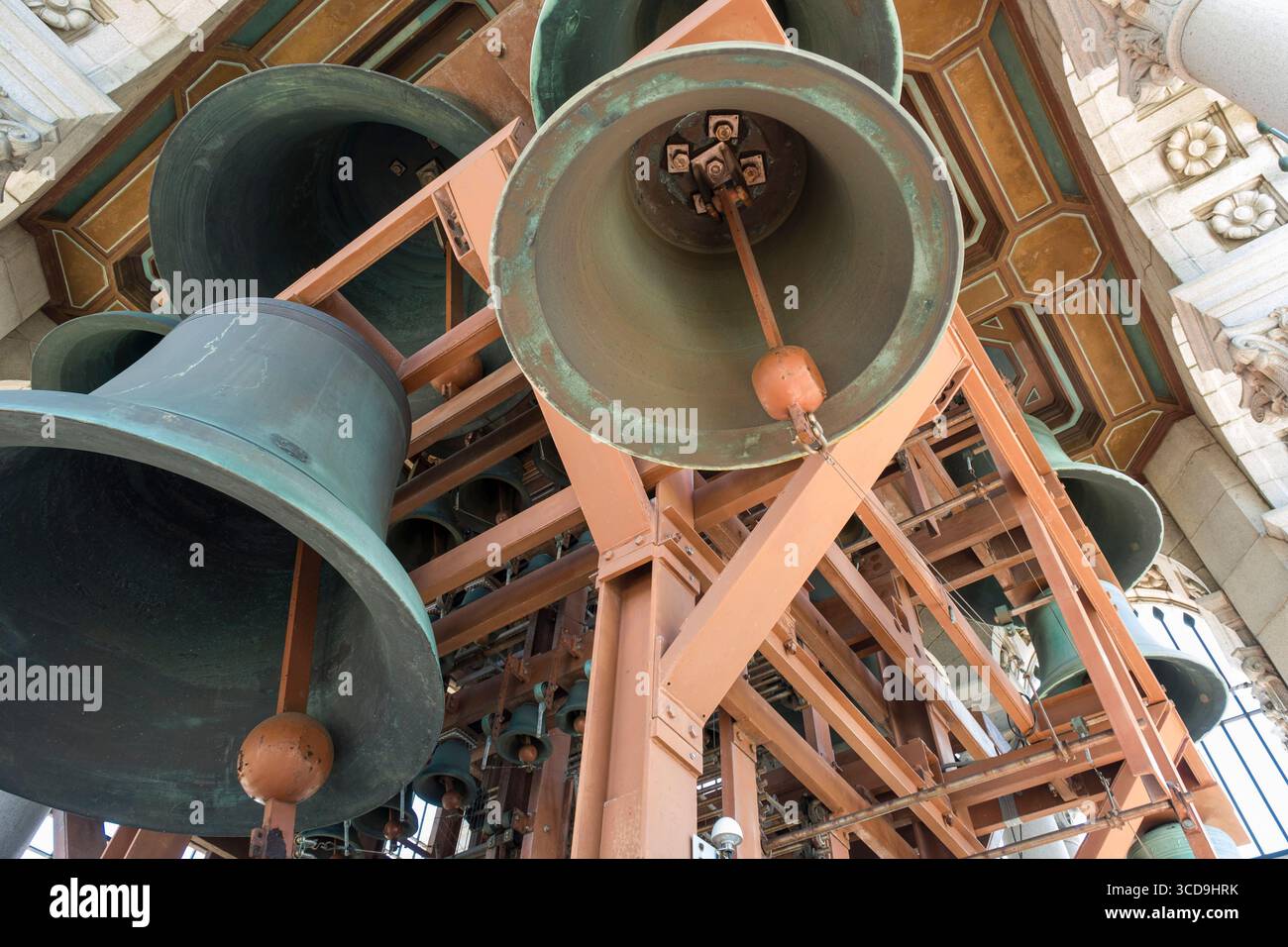 Cast-bronze bells part of the carillon, a pitched percussion instrument ...