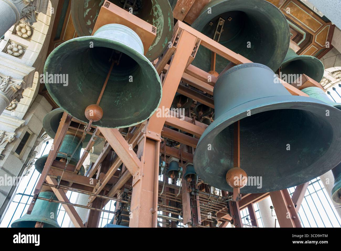 Cast-bronze bells part of the carillon, a pitched percussion instrument ...