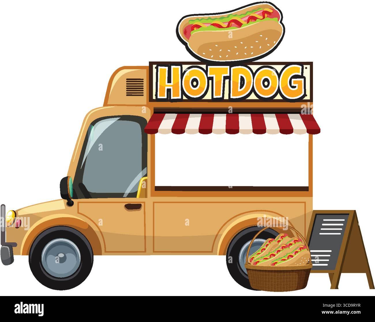 Vector illustration of a yellow hot dog food truck with striped awning ...