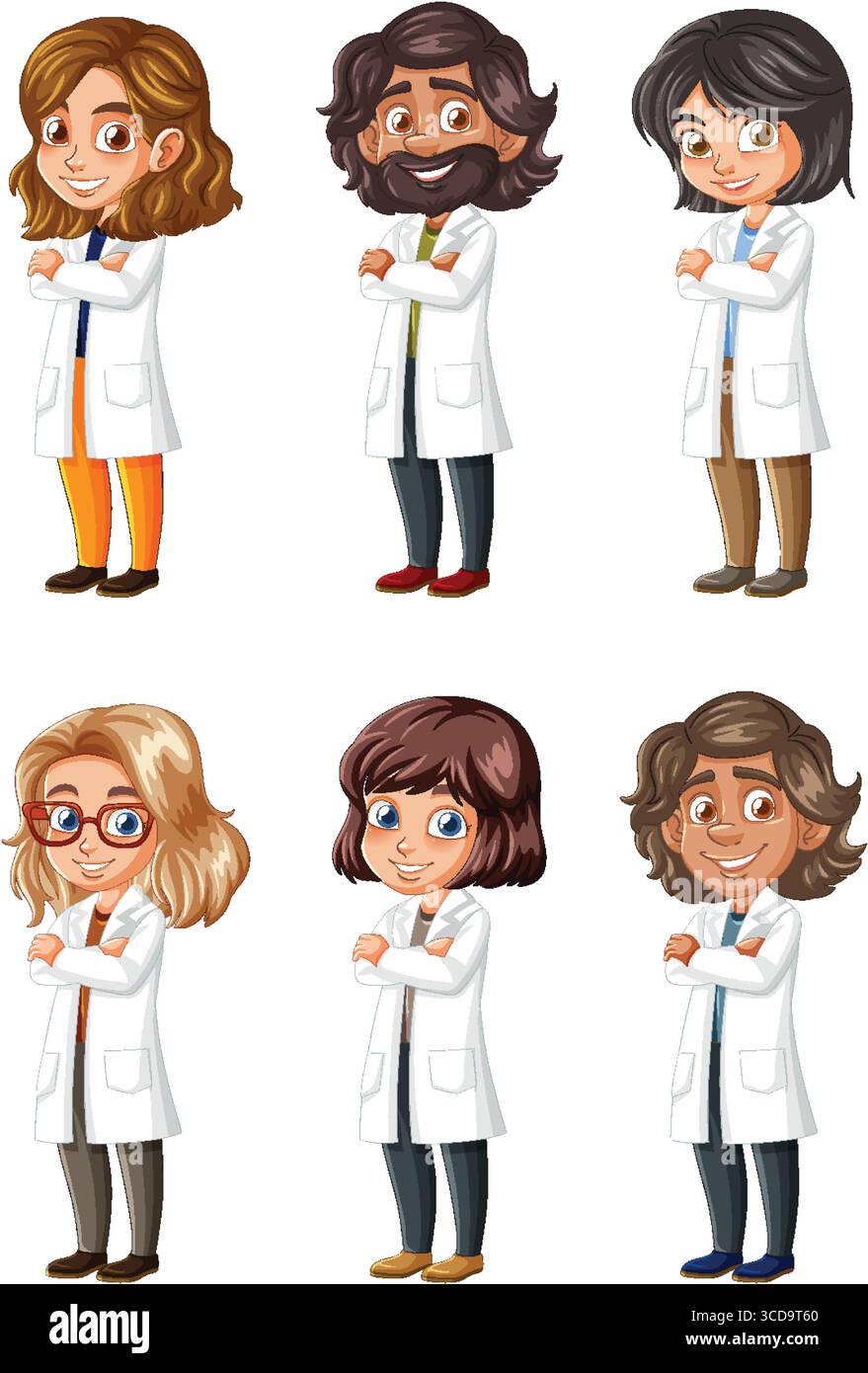 Six cartoon scientists with varied hairstyles and skin tones stand ...