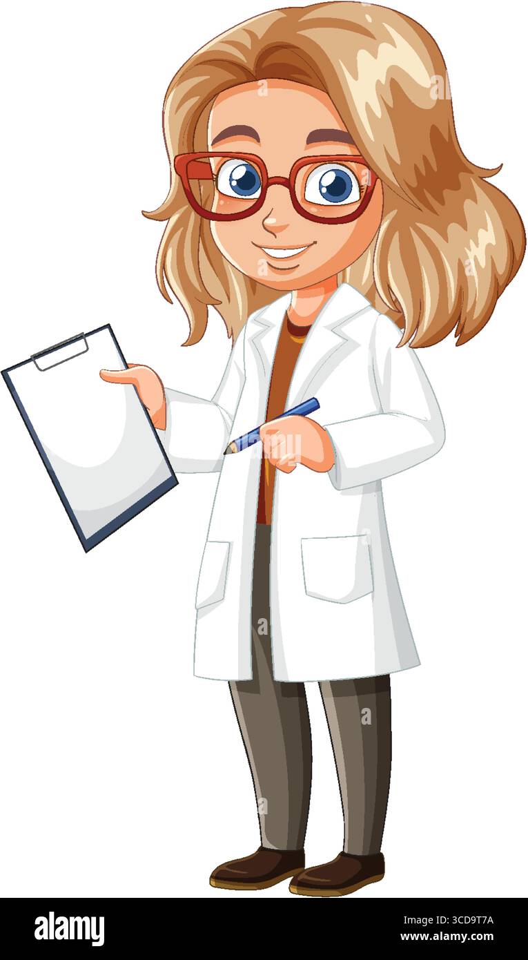 Cartoon vector of a smiling female scientist with glasses, lab coat ...