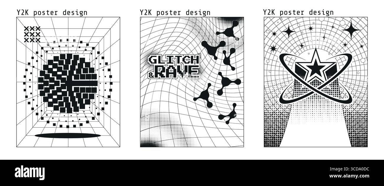 Techno poster y2k retro designs with grid patterns, star motifs and ...