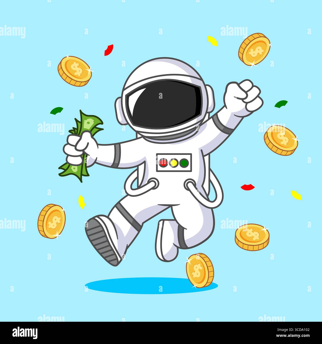 Cute Astronaut Celebrating Success with Money and Gold Coins Vector ...