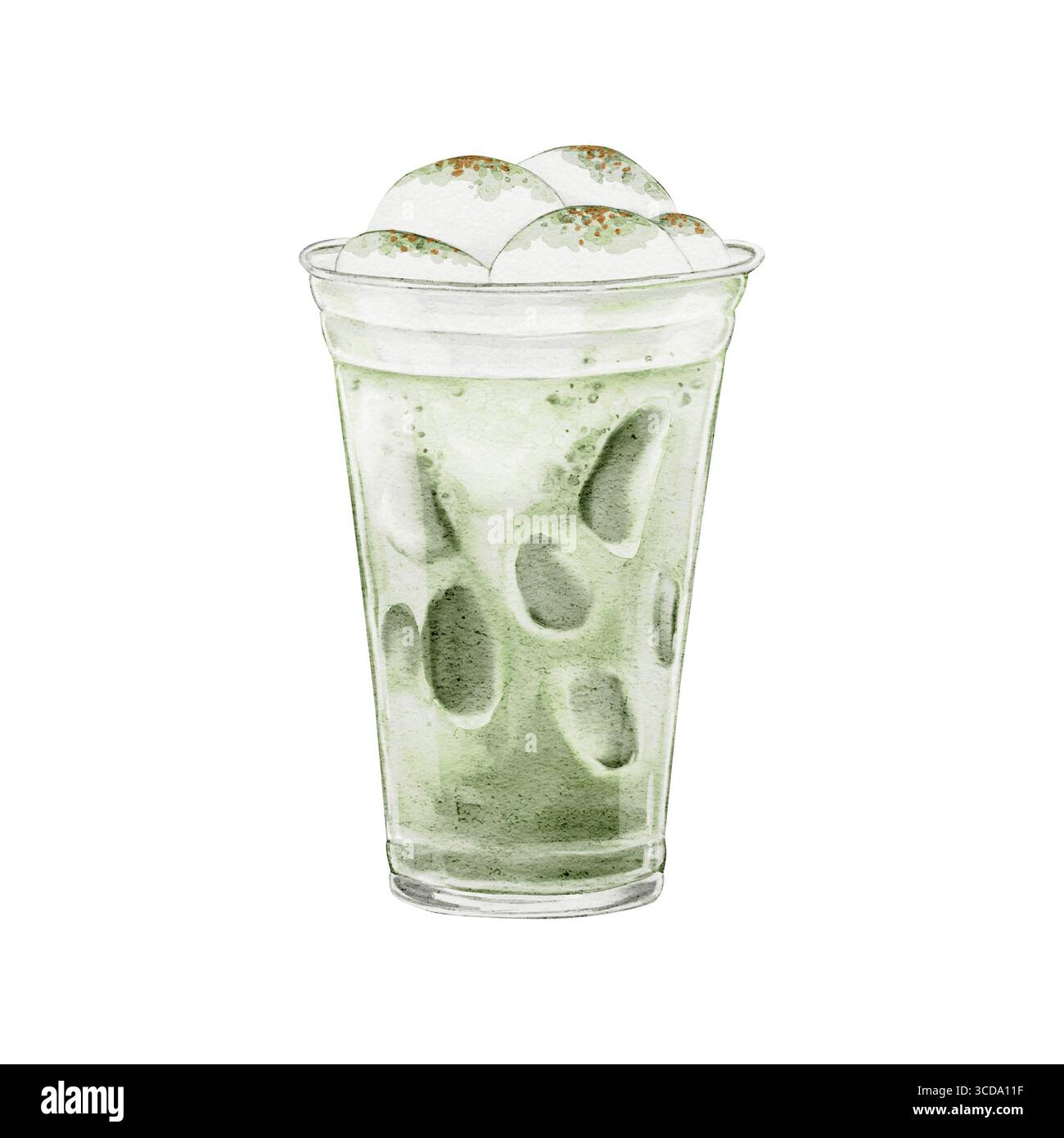 Watercolor iced matcha latte in glass. Hand drawn isolated drink ...