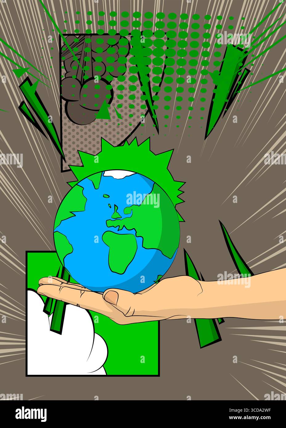 Cartoon, comic book human hands holding planet Earth. Retro vector ...
