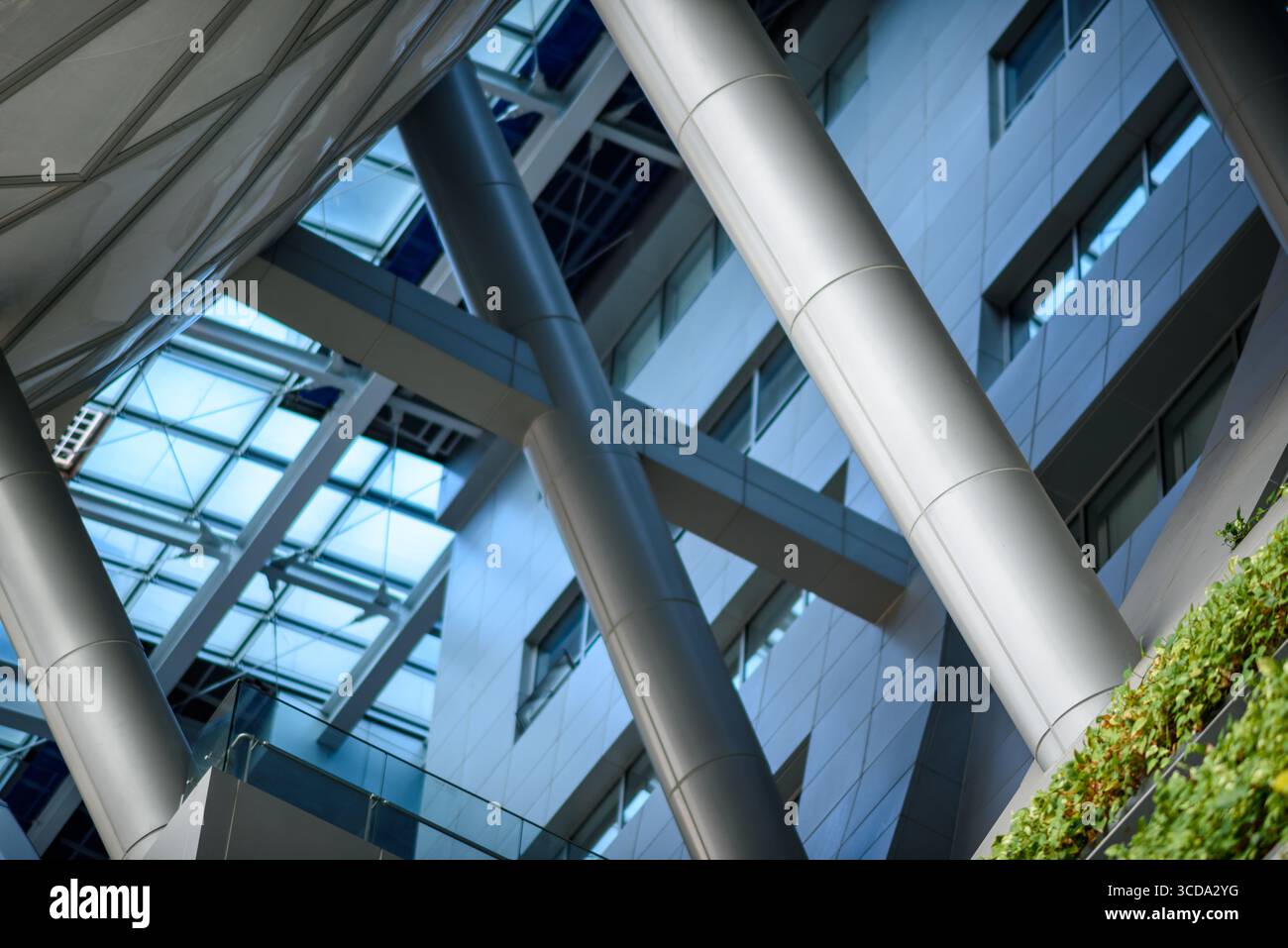 Modern architectural interior with steel columns and glass roof Stock ...