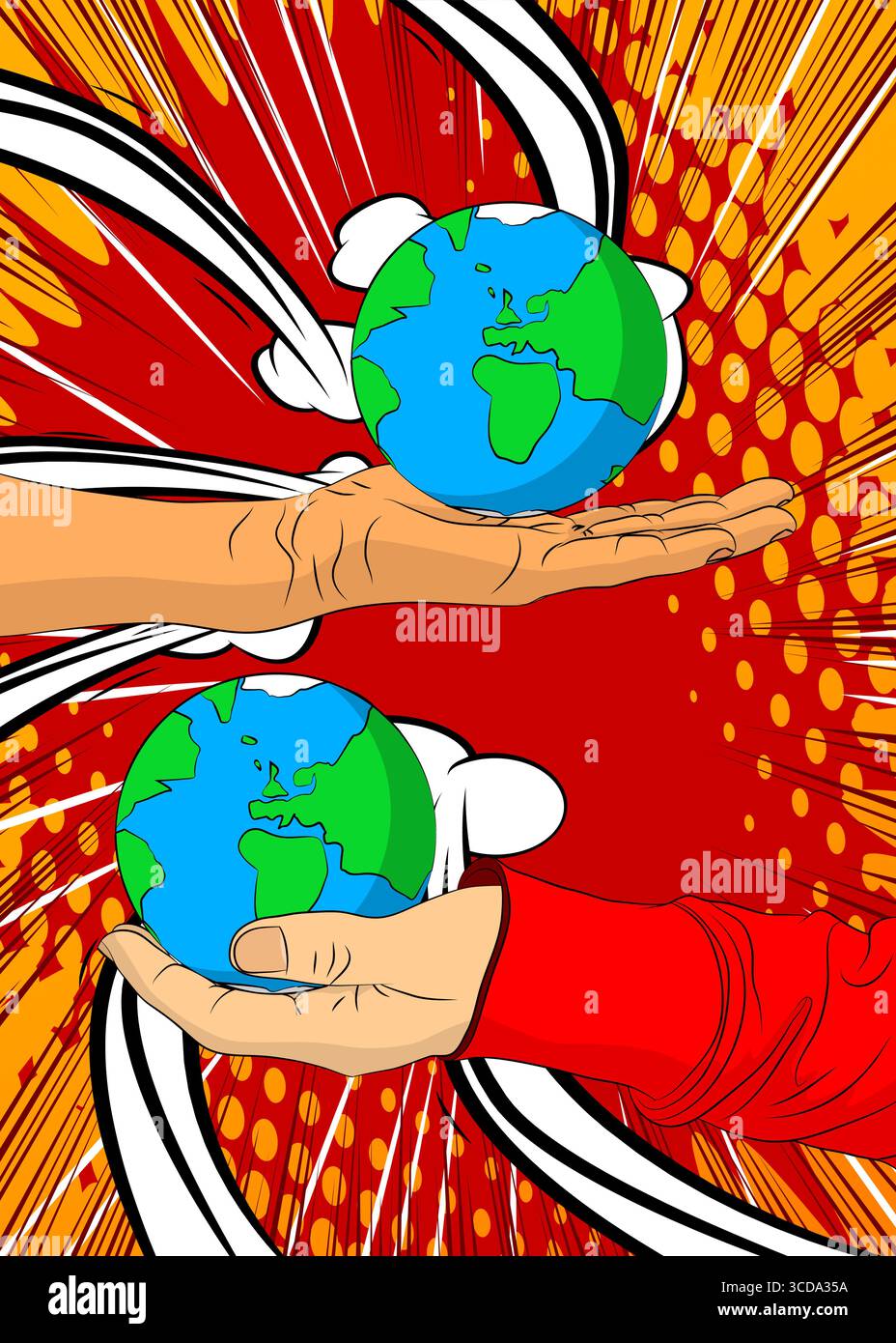 Cartoon, comic book human hands holding planet Earth. Retro vector ...