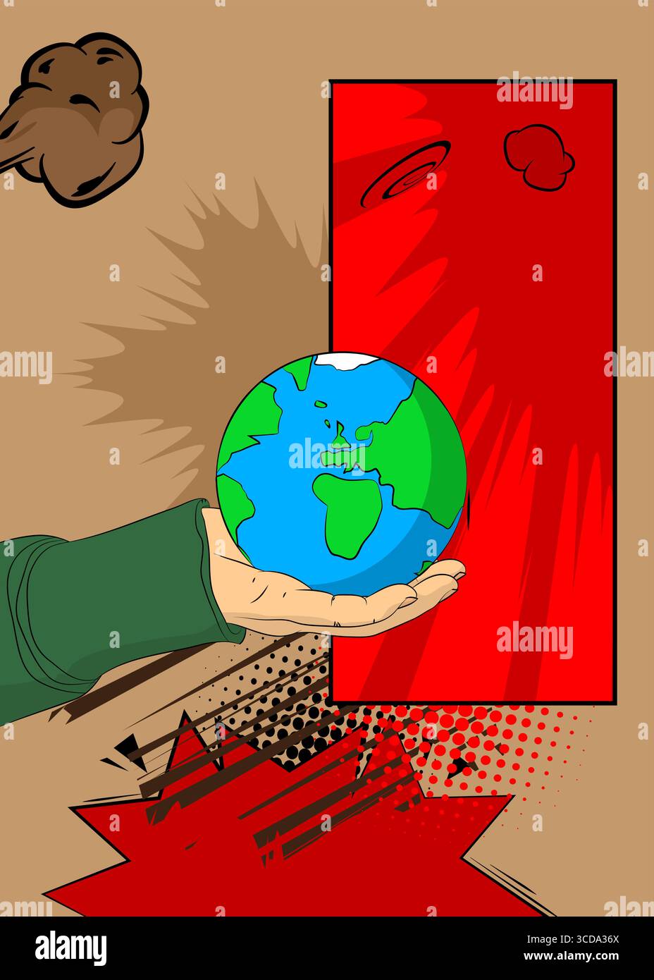 Cartoon, comic book human hands holding planet Earth. Retro vector ...