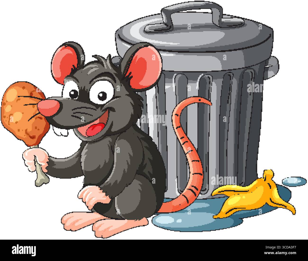 Vector illustration of a cheerful cartoon rat holding chicken near a ...
