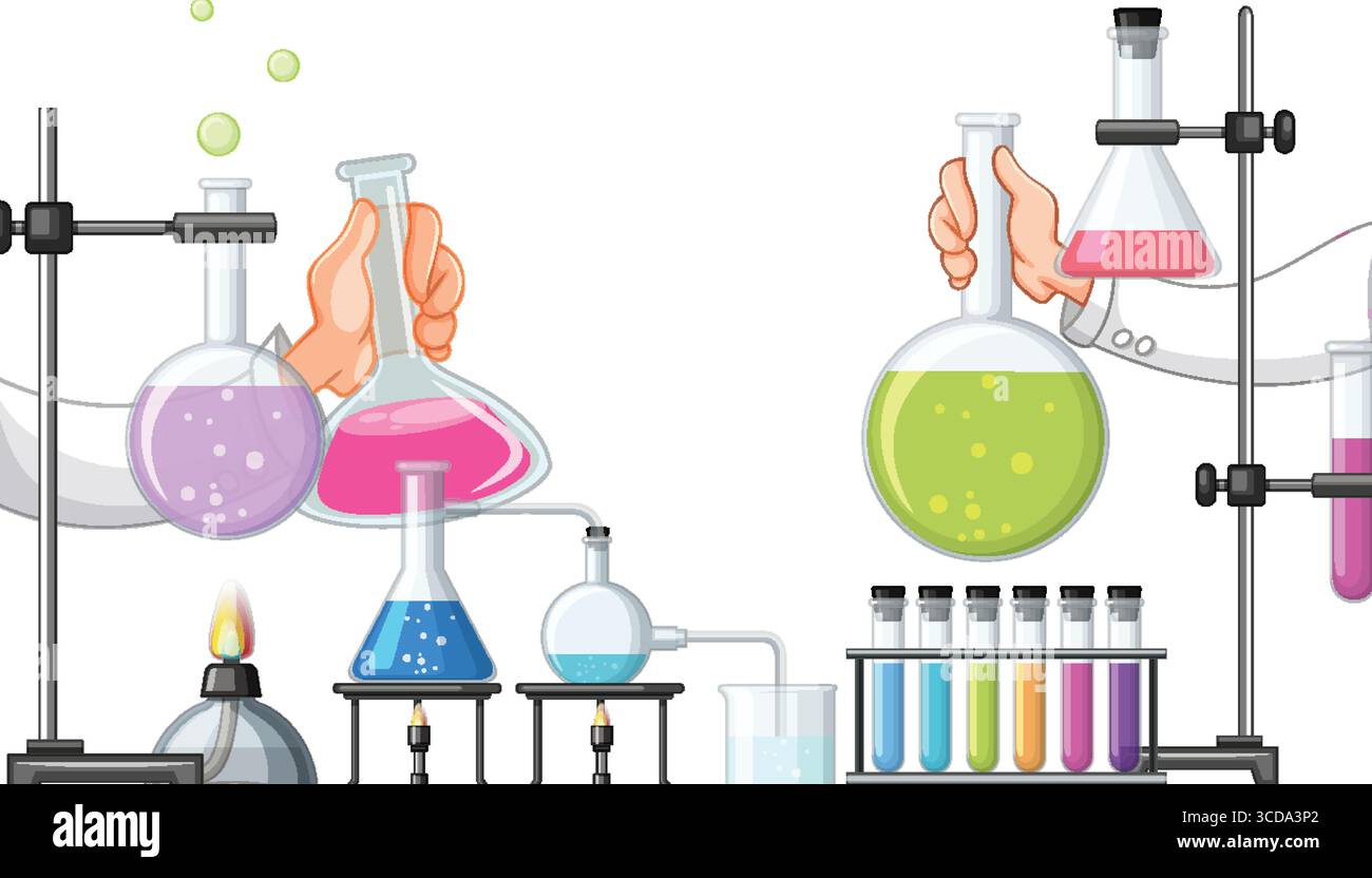 Vector illustration of hands pouring vibrant liquids into laboratory ...