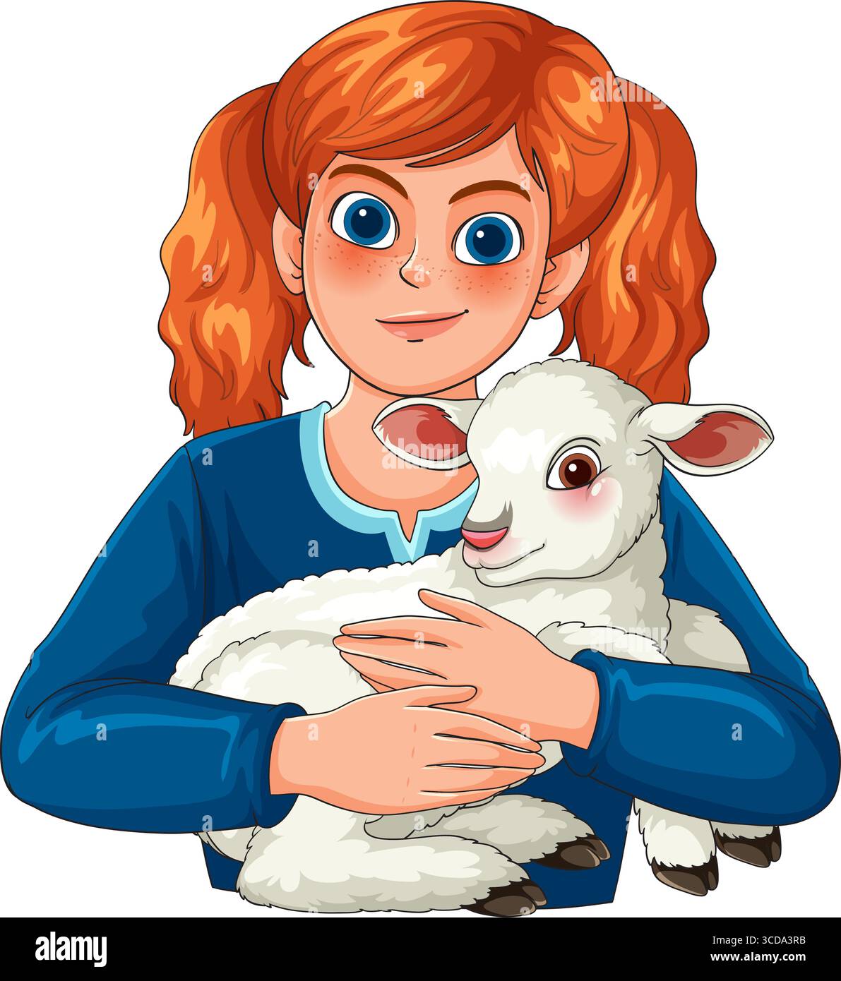 Vector illustration of a smiling red-haired girl with pigtails gently ...