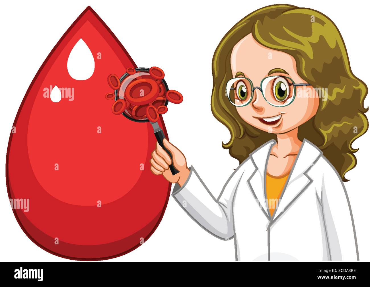 Cartoon-style vector illustration of a female scientist in a lab coat ...