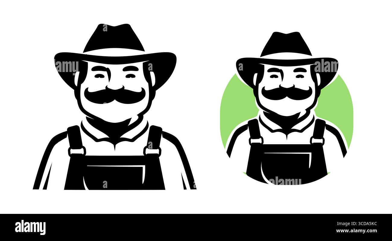 Happy farmer emblem. Farm worker in hat symbol. Illustration for ...